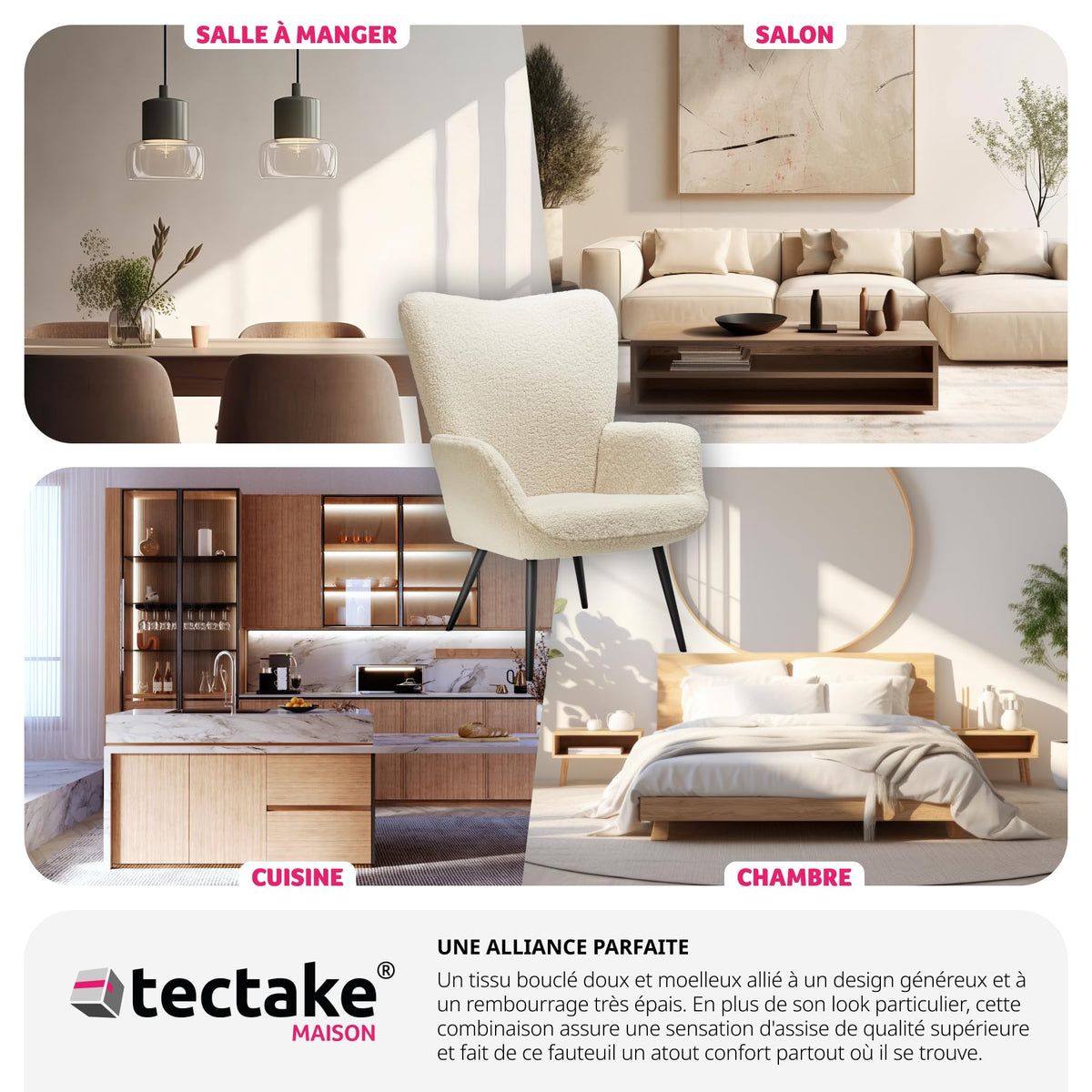 TecTake® Fauteuil Relax Confortable en Tissu Bouclette Fauteuil Scandi ...